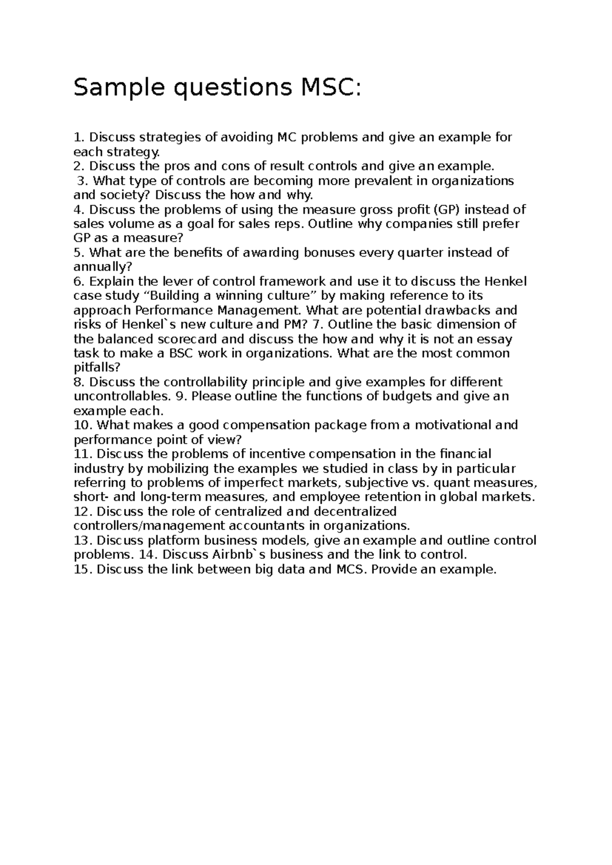 Sample Questions for MSC: Control Strategies and Performance Management ...