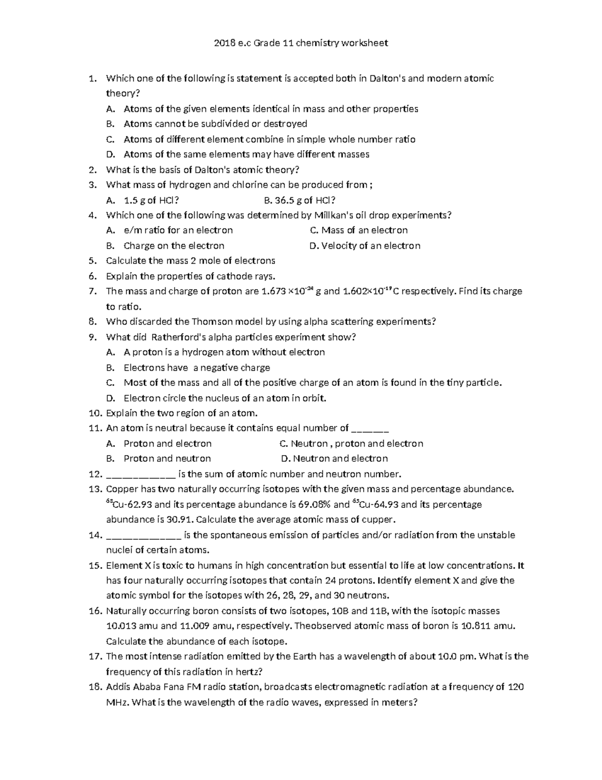 2018 e.c Grade 11 Chemistry Worksheet: Atomic Theory & Isotopes - Studocu