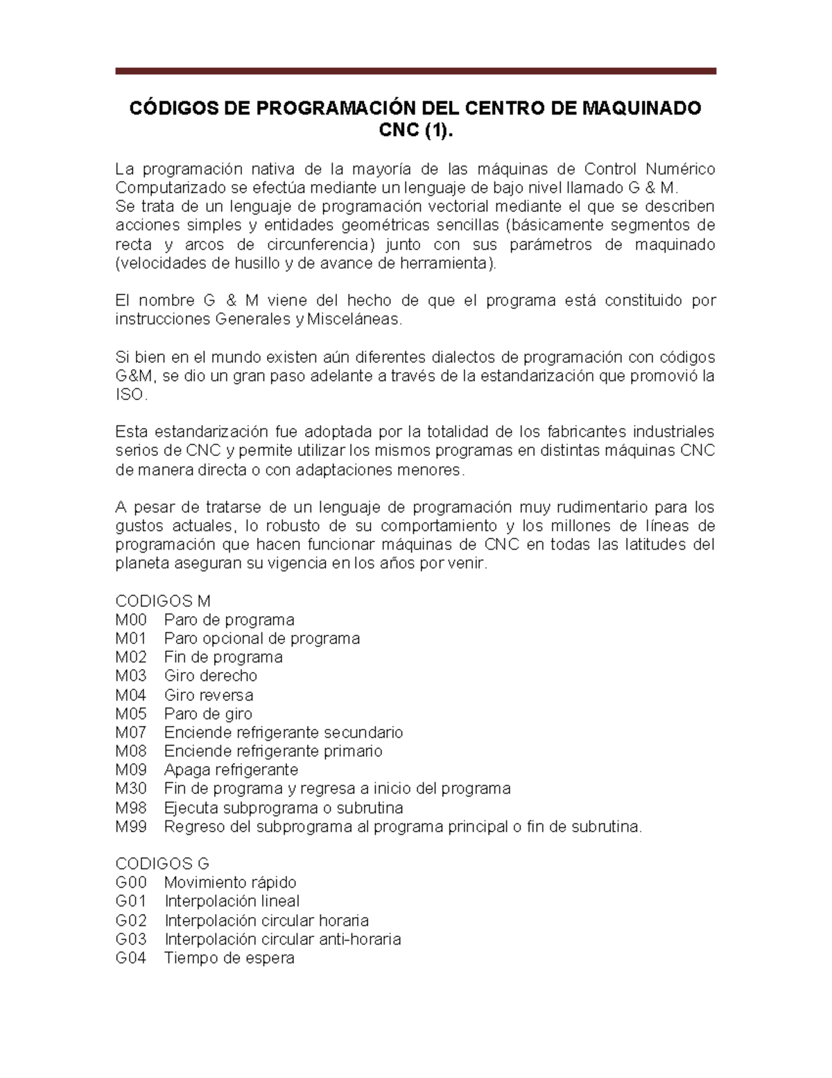 Códigos G y M en Programación CNC: Guía Completa para Estudiantes - Studocu
