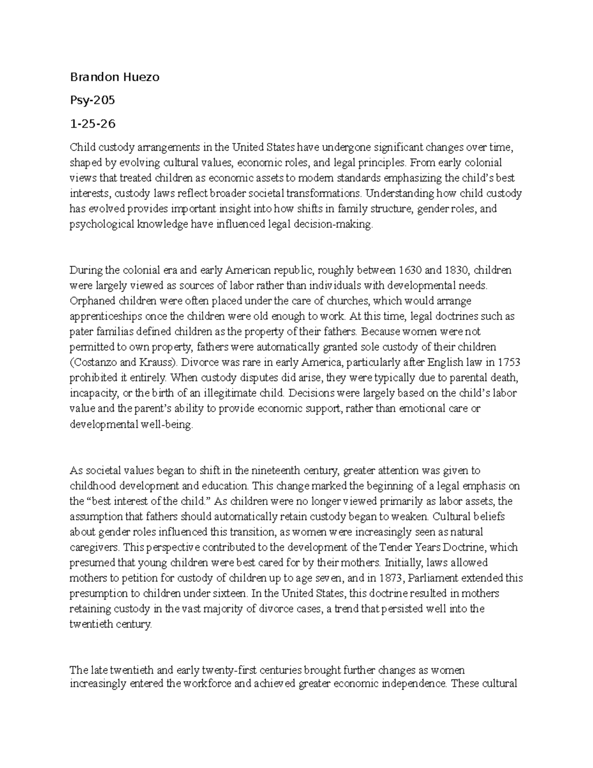 Module 3-3 Psychology: Evolution of Child Custody Arrangements in the U ...