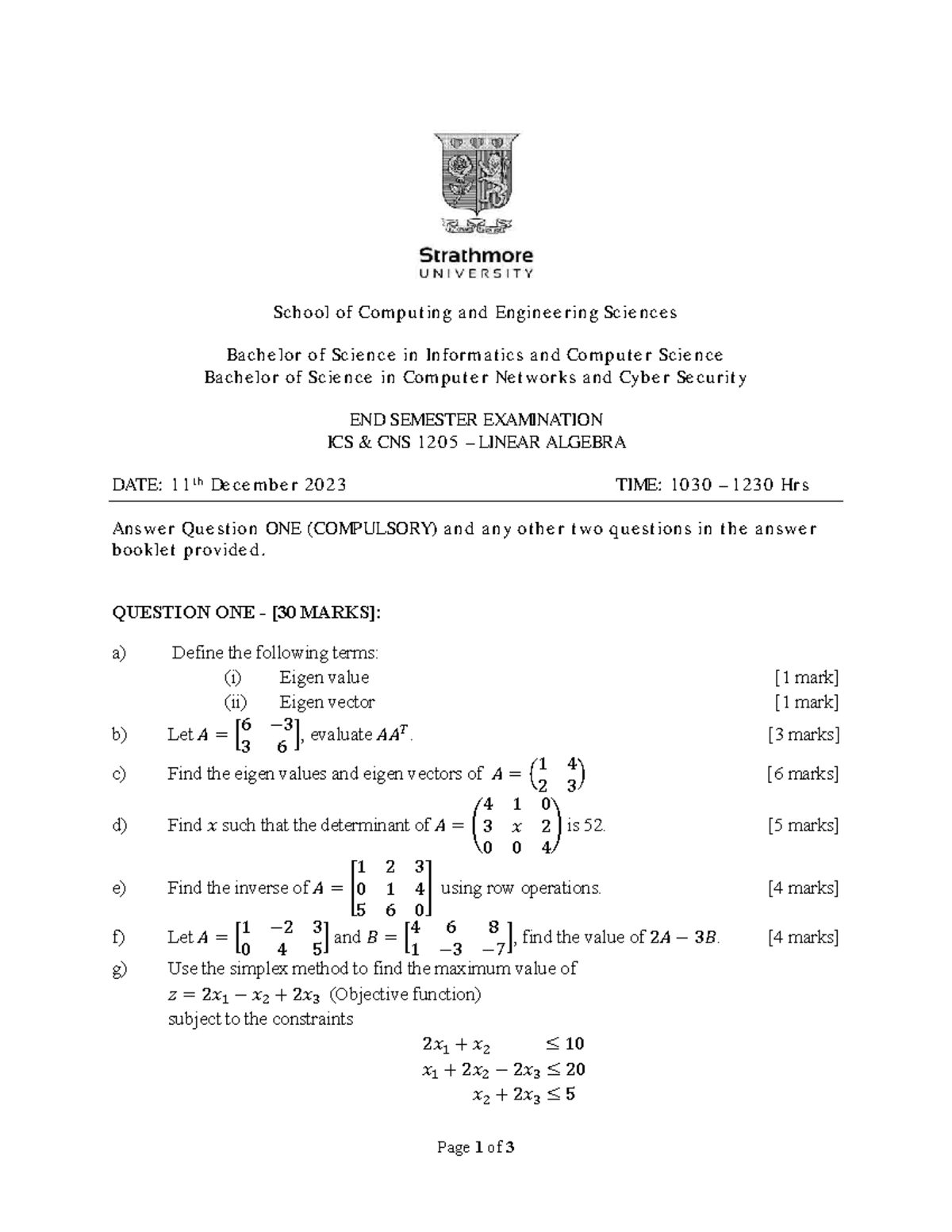 ICS CNS 1205 Linear Algebra End Semester Exam Questions - Studocu