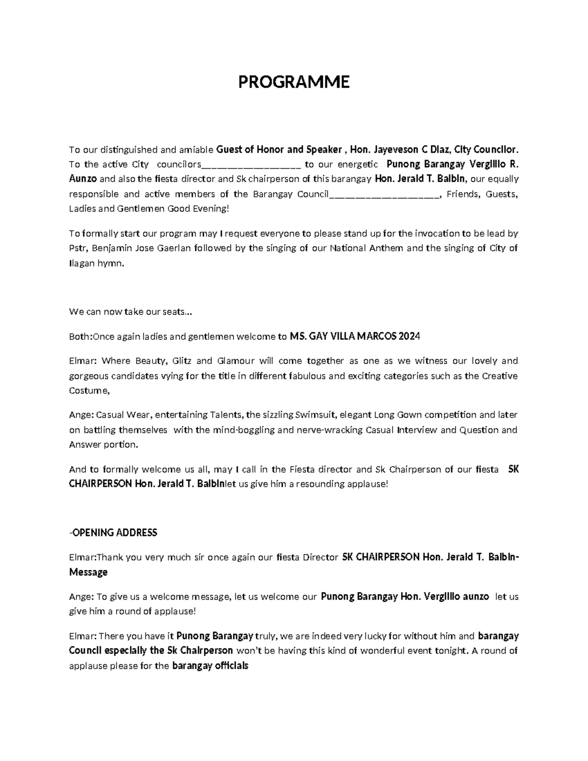 Emcee Script for Miss Gay Villa Marcos 2024 Event - Studocu