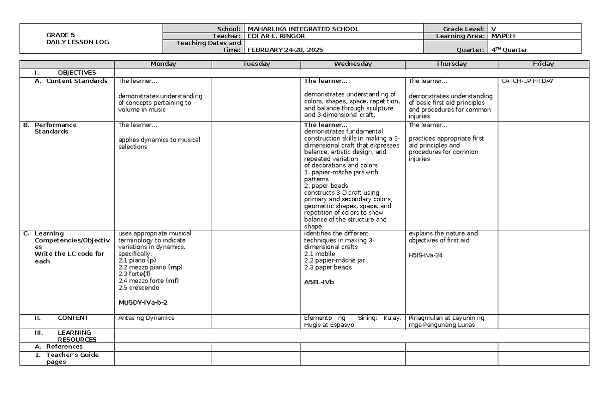 DLL MAPEH 5 Q4 Week 2 Lesson Plans (Feb 24-28, 2025) - Studocu