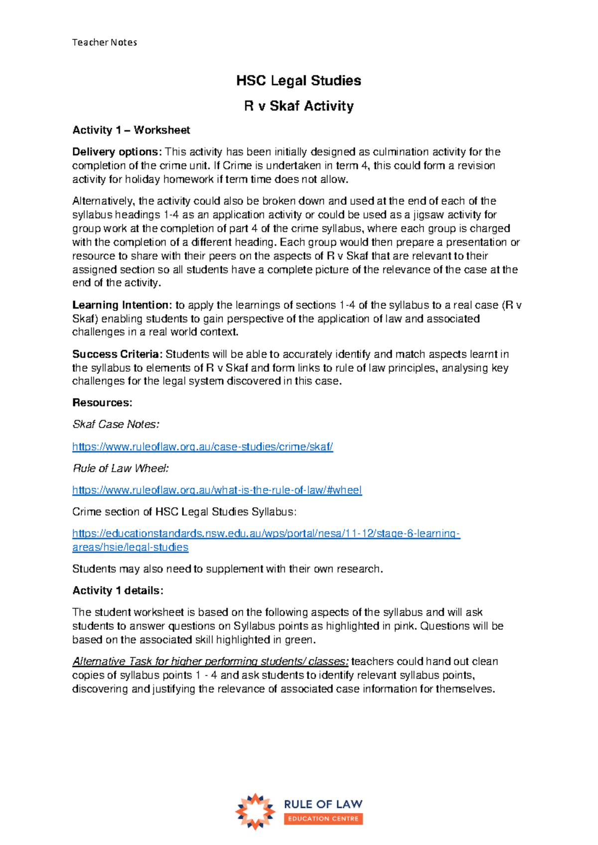 HSC Legal Studies Teacher Notes: R v Skaf Activity 1 Worksheet - Studocu