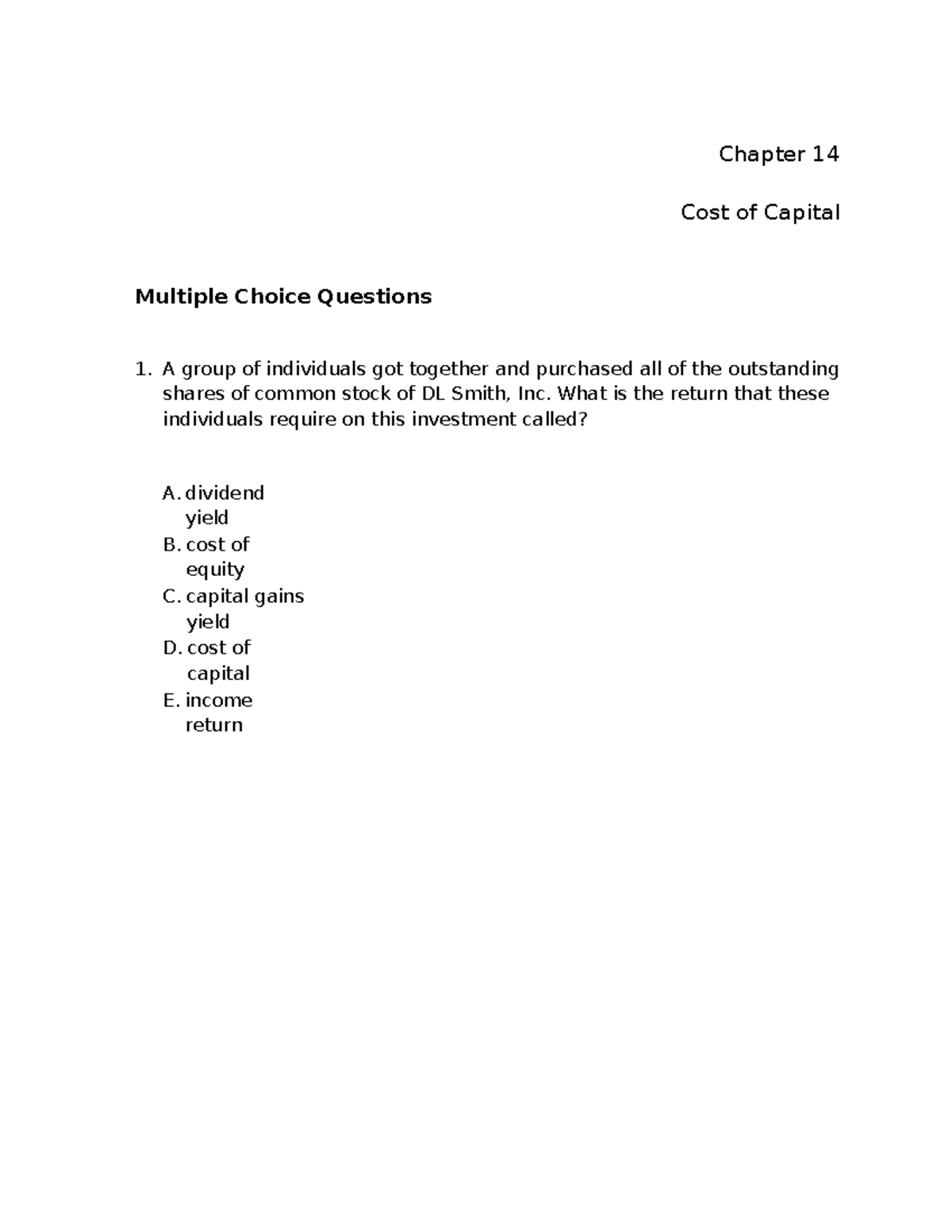 Chap014 -multiple choice questions - Chapter 14 Cost of Capital ...
