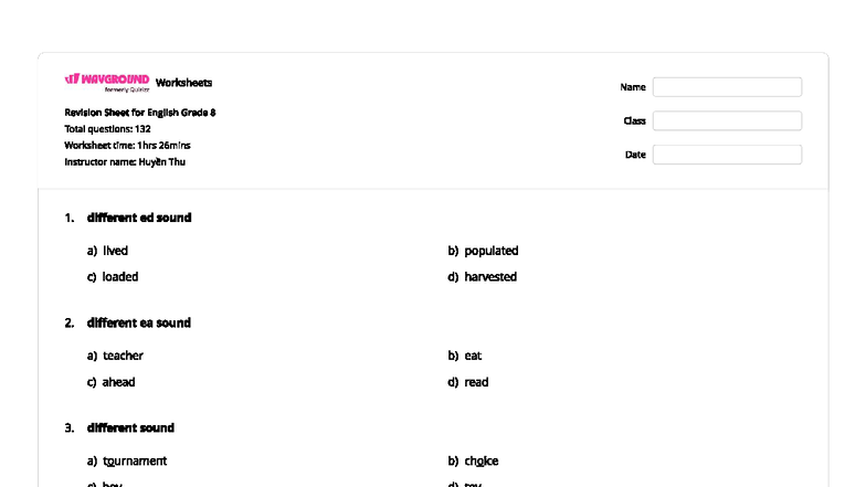 English Grade 8 WAYGROUND Worksheets Revision Sheet - Studocu