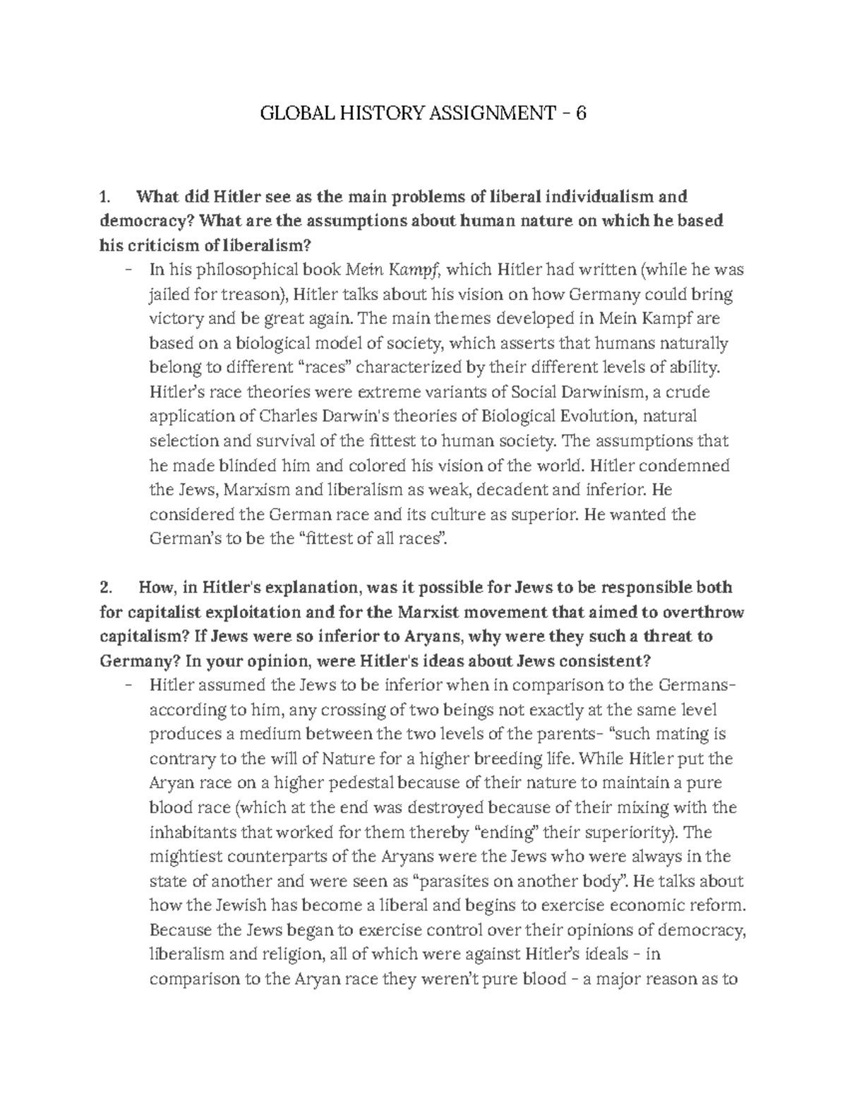 Global History Assignment 6: Hitler's Ideology & American Issues - Studocu