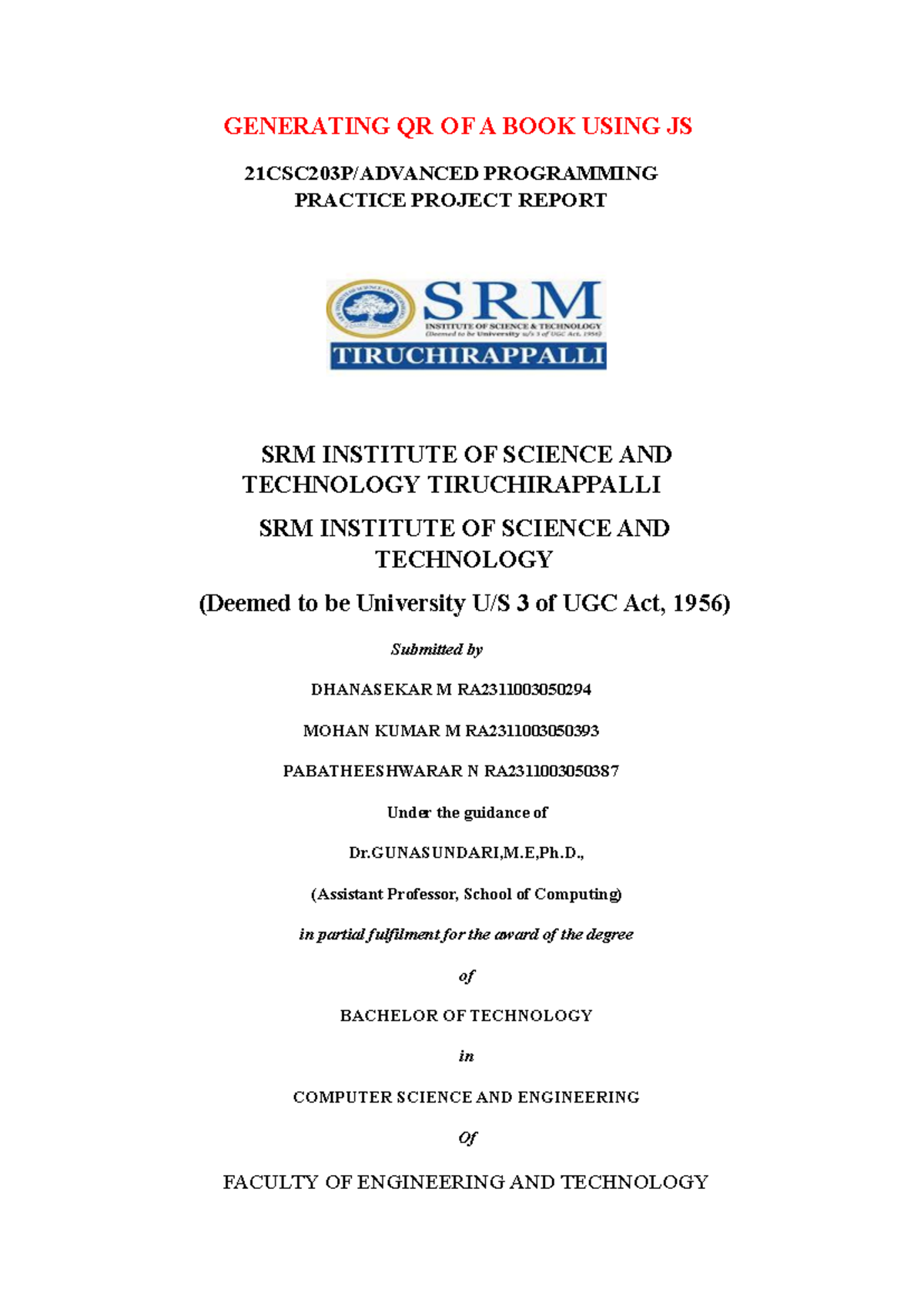 Generating QR OF A BOOK Using JS project - GENERATING QR OF A BOOK USING JS 21CSC203P/ADVANCED ...