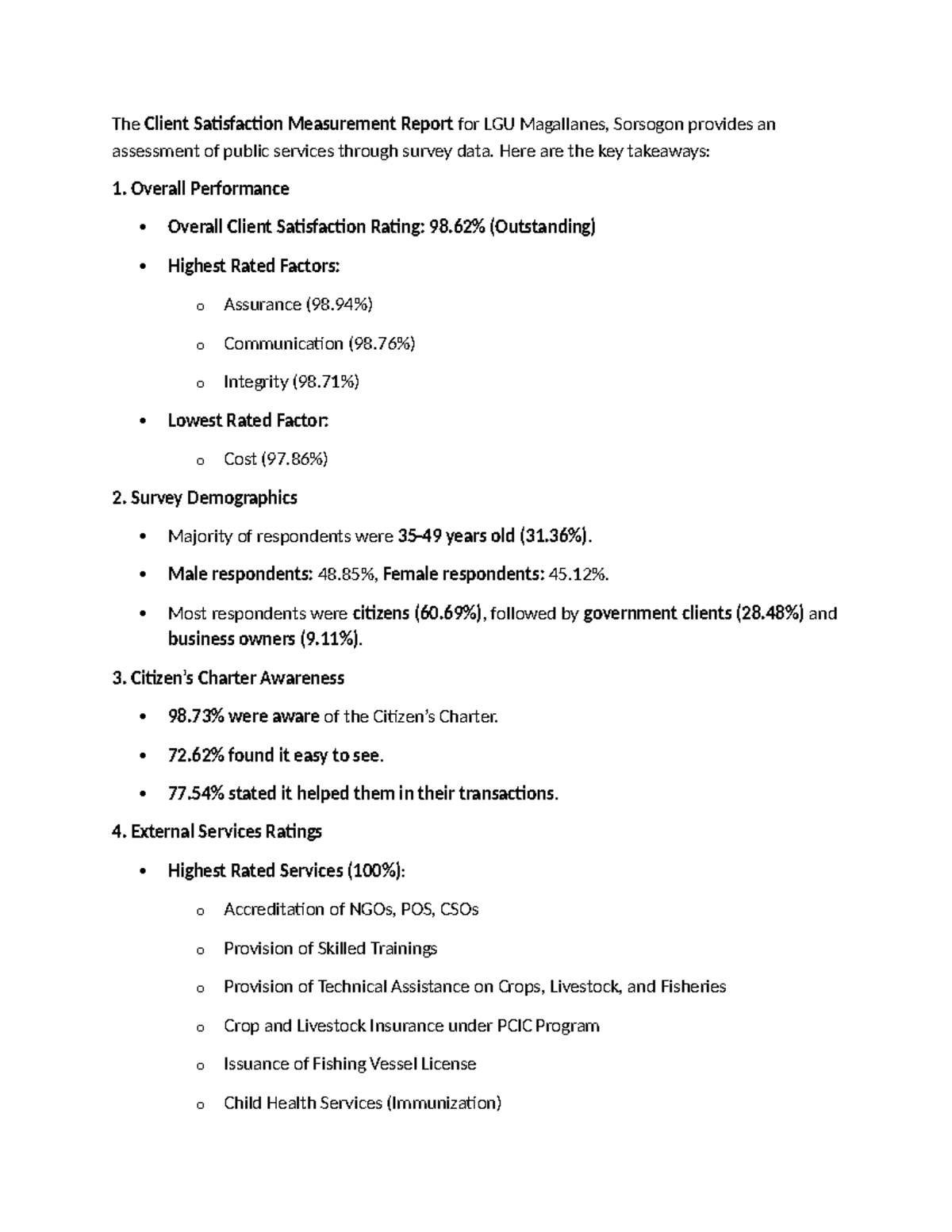 Client Satisfaction Measurement Report for LGU Magallanes, Sorsogon ...