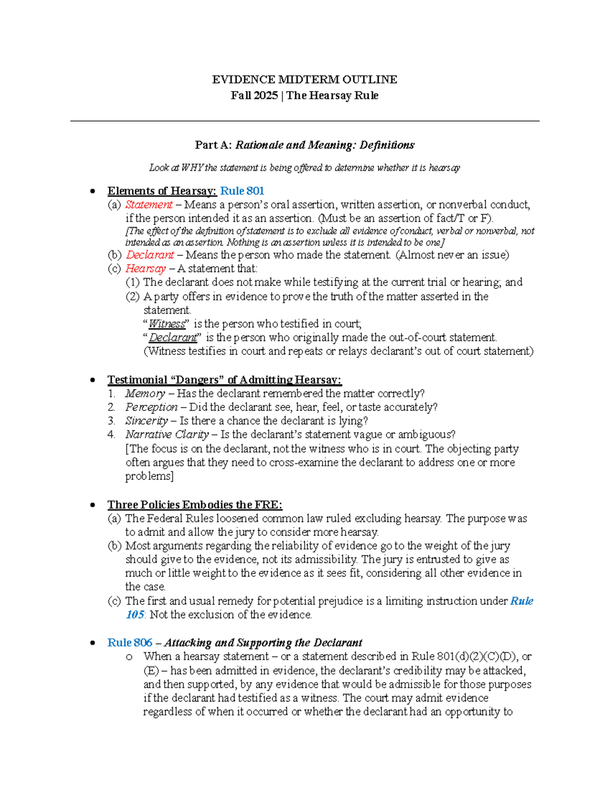 EVIDENCE MIDTERM OUTLINE (Fall 2025): Understanding the Hearsay Rule ...