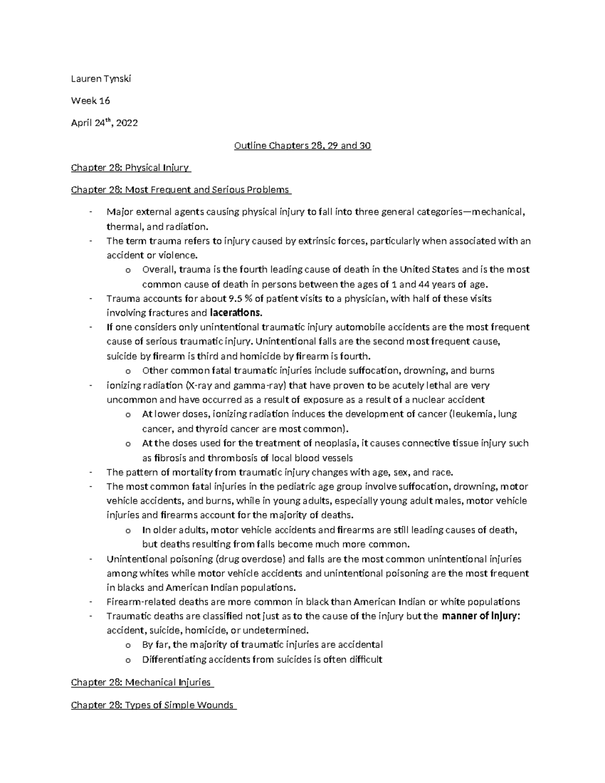 Week 16 outline - Lauren Tynski Week 16 April 24th, 2022 Outline ...