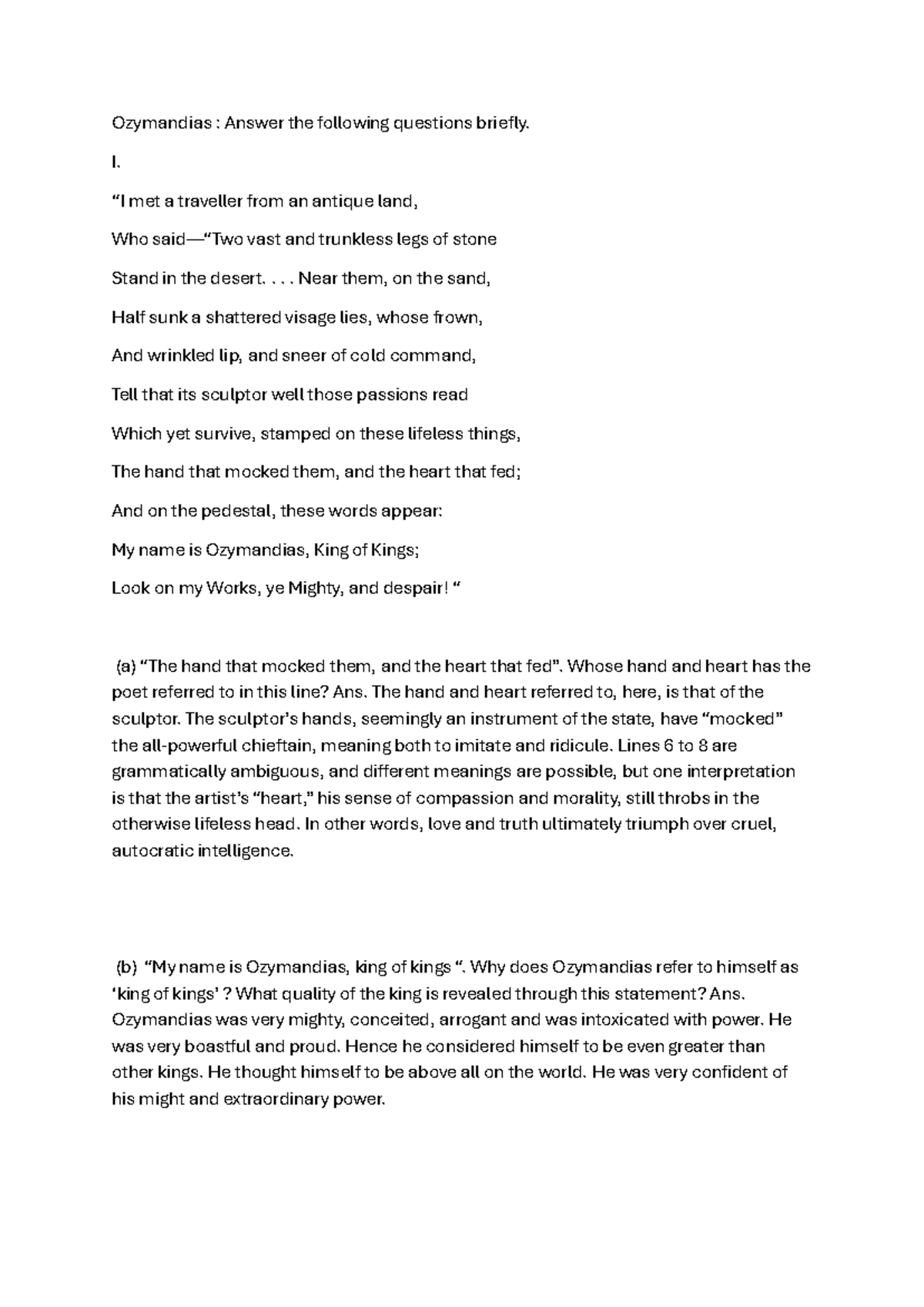 Ozymandias RTC Q&A: Insights on the Poem's Themes & Irony - Studocu