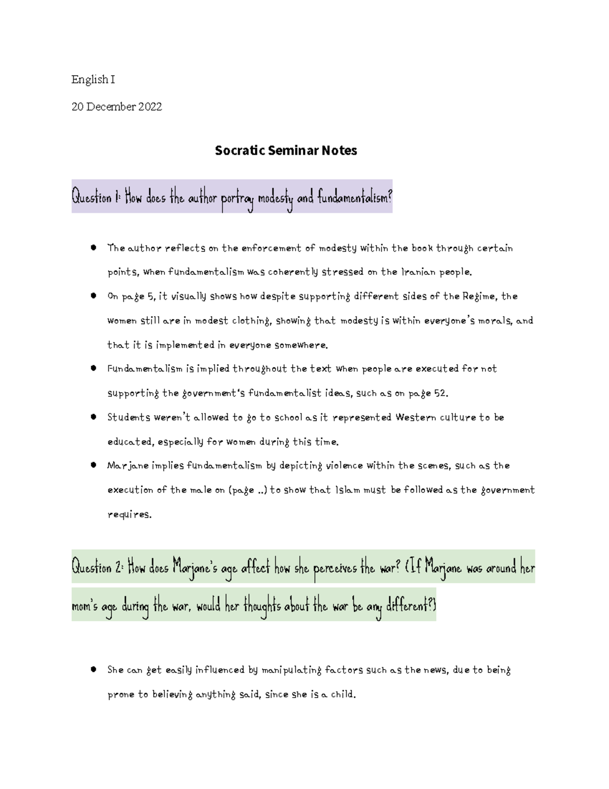Persepolis Socratic Seminar Notes for English I - Dec 2022 - Studocu