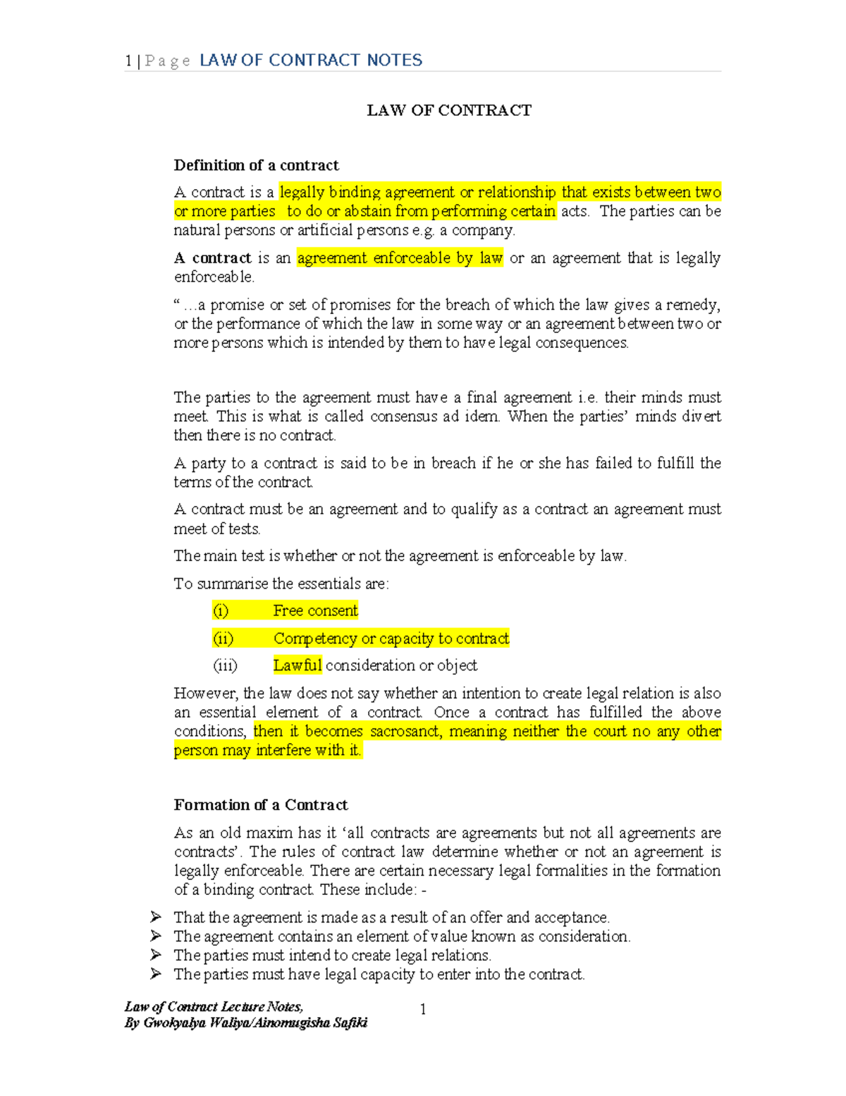 LAW OF CONTRACT NOTES (Revised) - Key Concepts and Principles - Studocu