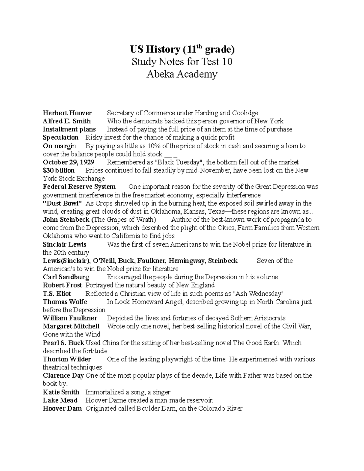 US History 10 Study Notes: Key Events and Figures for Test Prep - Studocu