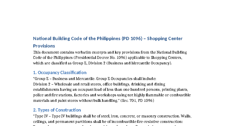 Shopping Center Provisions from National Building Code PD 1096 - Studocu