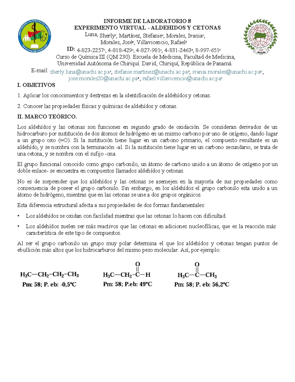INFORME DE LABORATORIO QM 230: Aldehídos y Cetonas - Studocu