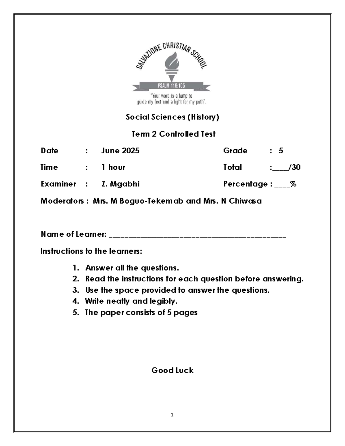 Grade 5 Social Sciences (History) Term 2 Controlled Test - June 2025 ...