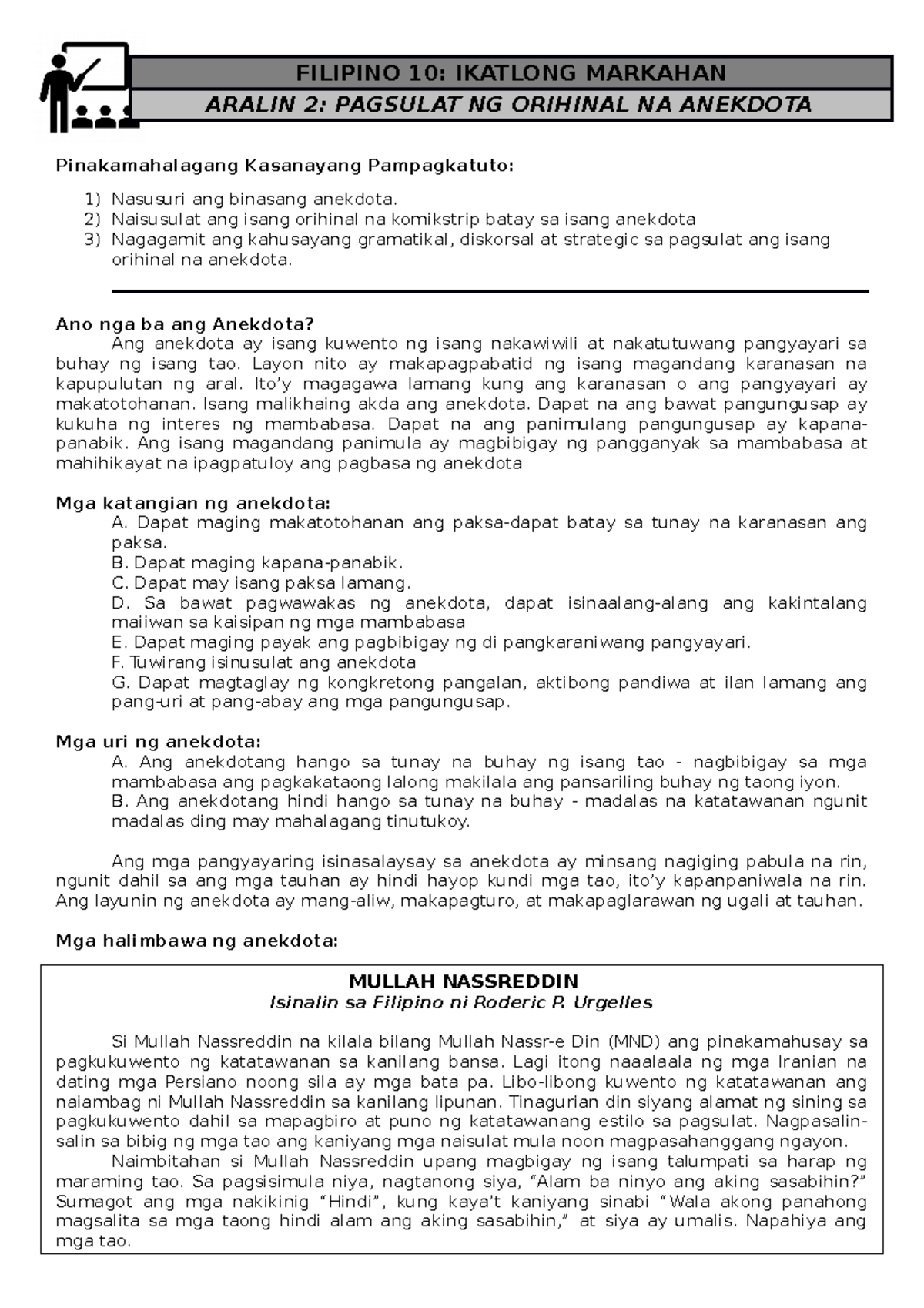 Q3 Aralin 2 Anekdota - FILIPINO 10: IKATLONG MARKAHAN ARALIN 2 ...