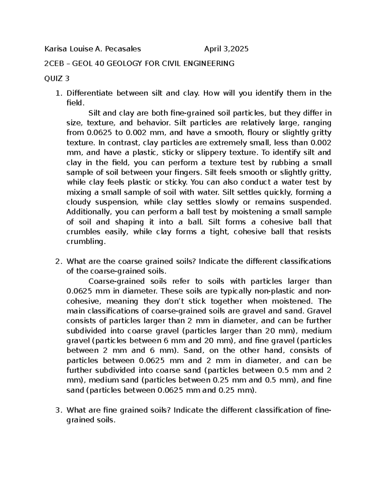 GEOL 40 QUIZ 3 - Quiz 2 - Karisa Louise A. Pecasales April 3, 2CEB ...