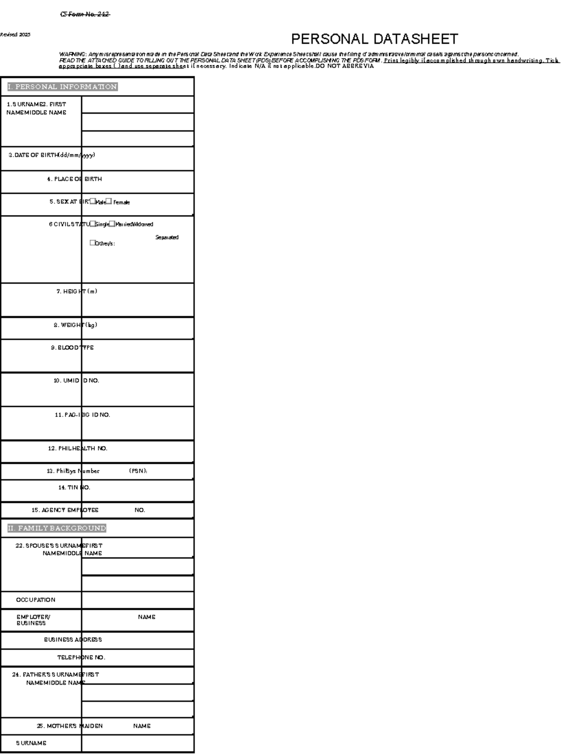 CS Form No. 212: Personal Datasheet Guide (Revised 2025) - Studocu
