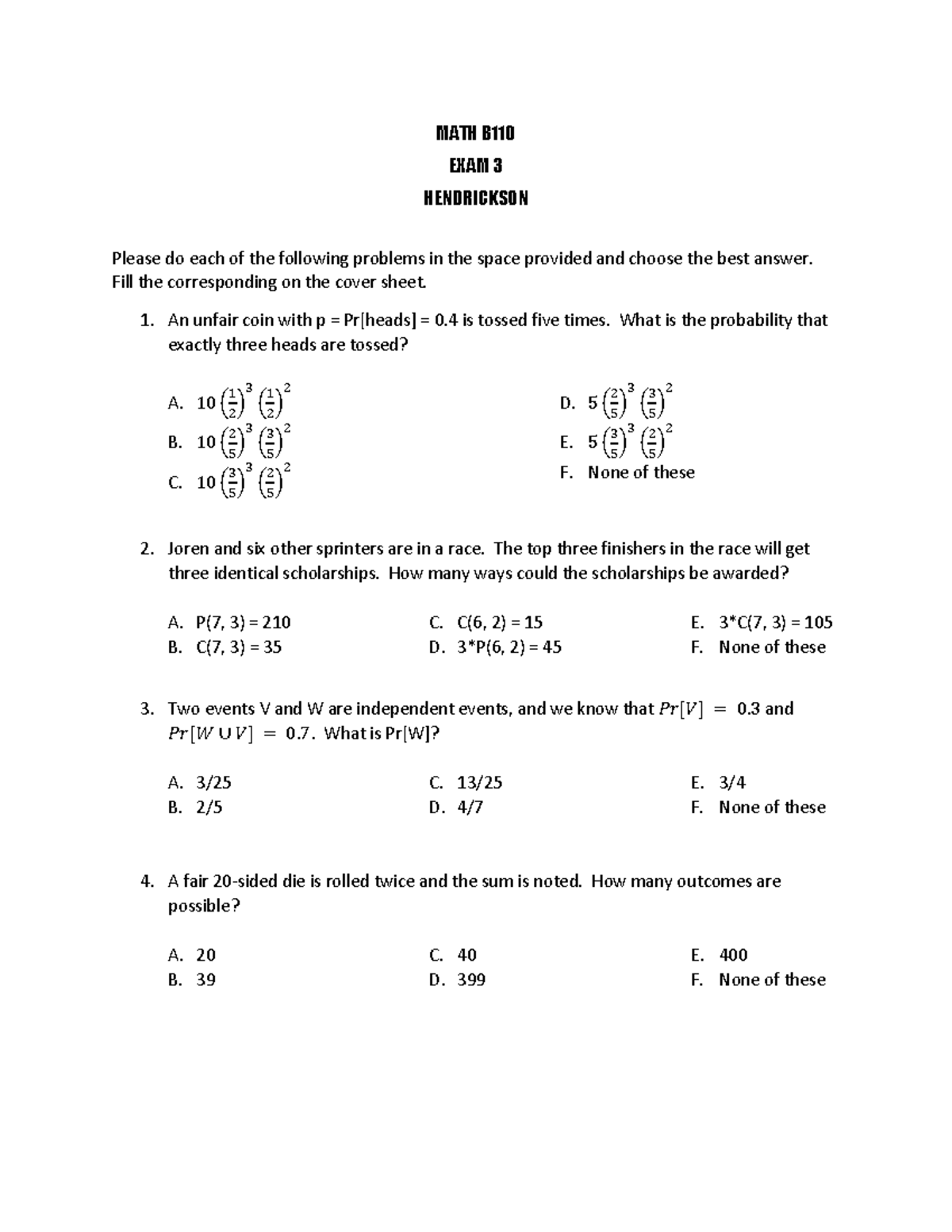 Fall 25 MATH B110 Exam 3 Practice Problems - Studocu