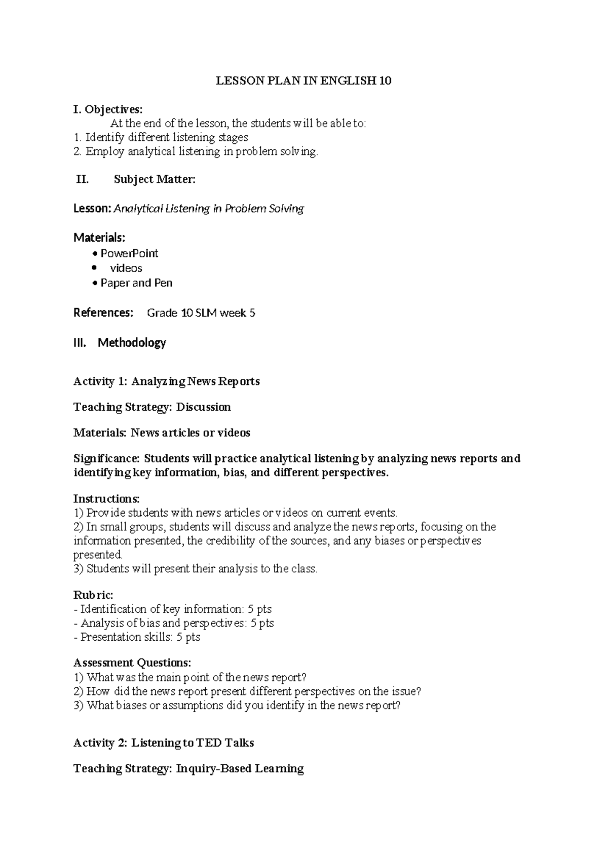 ENGLISH 10: Lesson Plan on Analytical Listening Skills - Studocu
