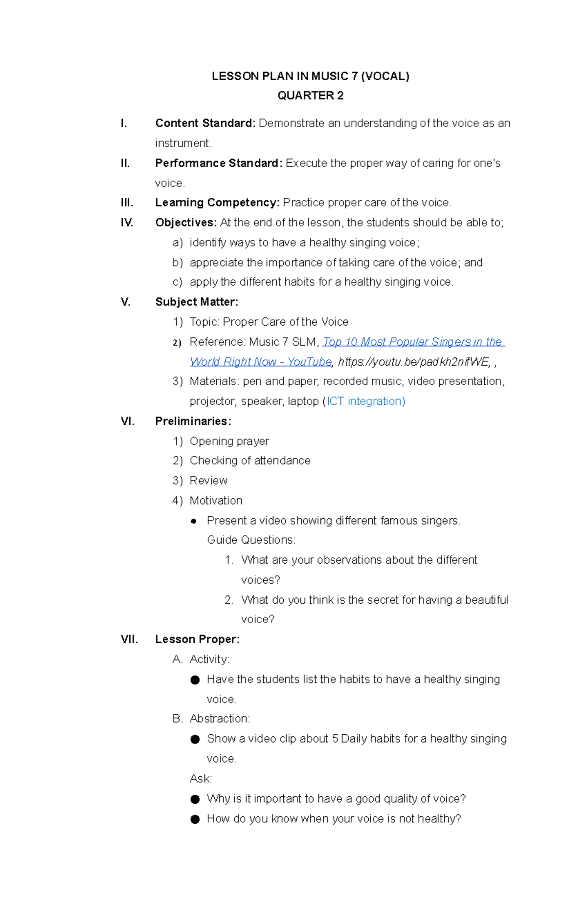 SPA Music 7 Lesson Plan - Quarter 2: Caring for the Voice - Studocu