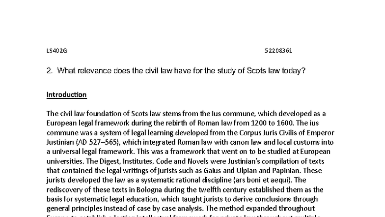 LS402G Essay 1: The Relevance of Civil Law in Scots Law Today - Studocu
