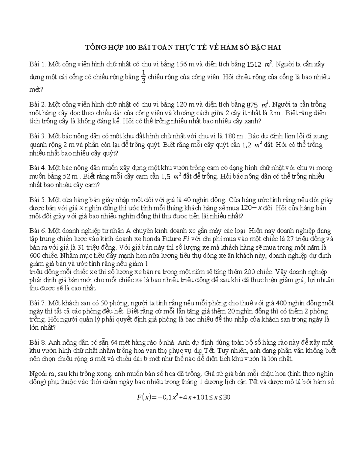TỔNG HỢP 100 BÀI TOÁN THỰC TẾ VỀ HÀM SỐ BẬC HAI (Môn Toán) - Studocu