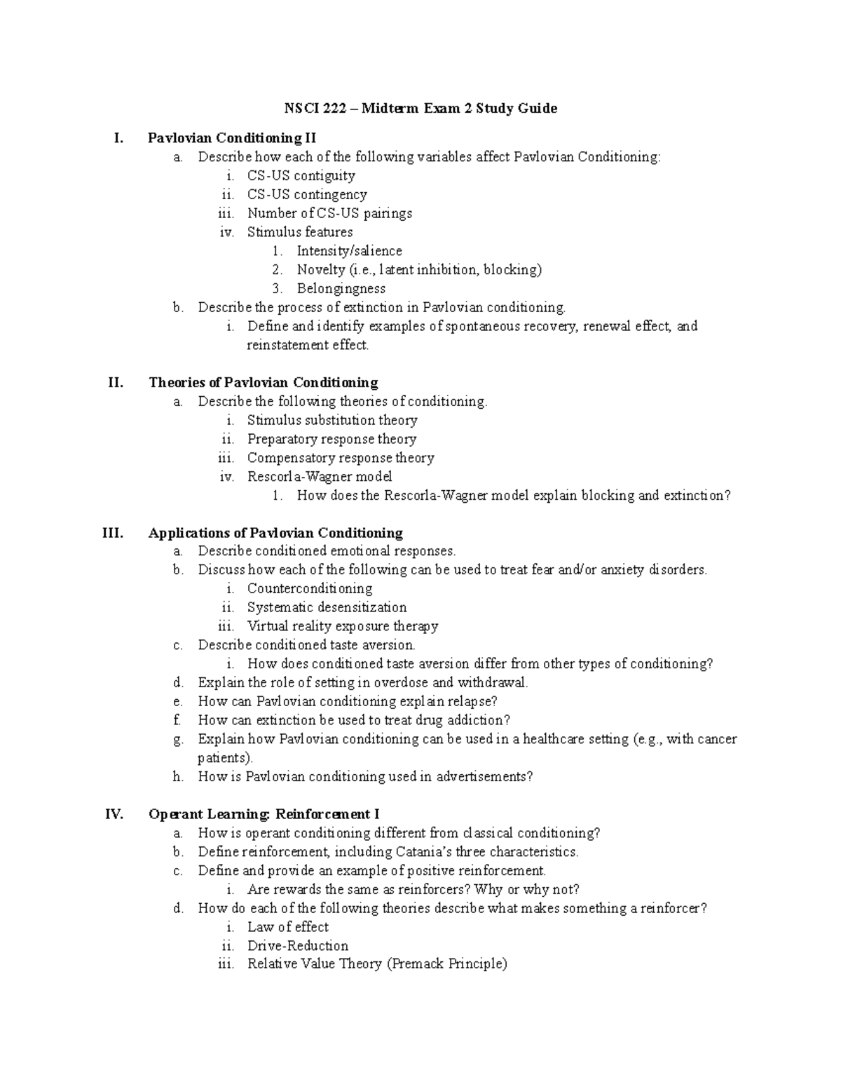 NSCI 222 - Exam 2 Study Guide - NSCI 222 – Midterm Exam 2 Study Guide I. Pavlovian Conditioning ...