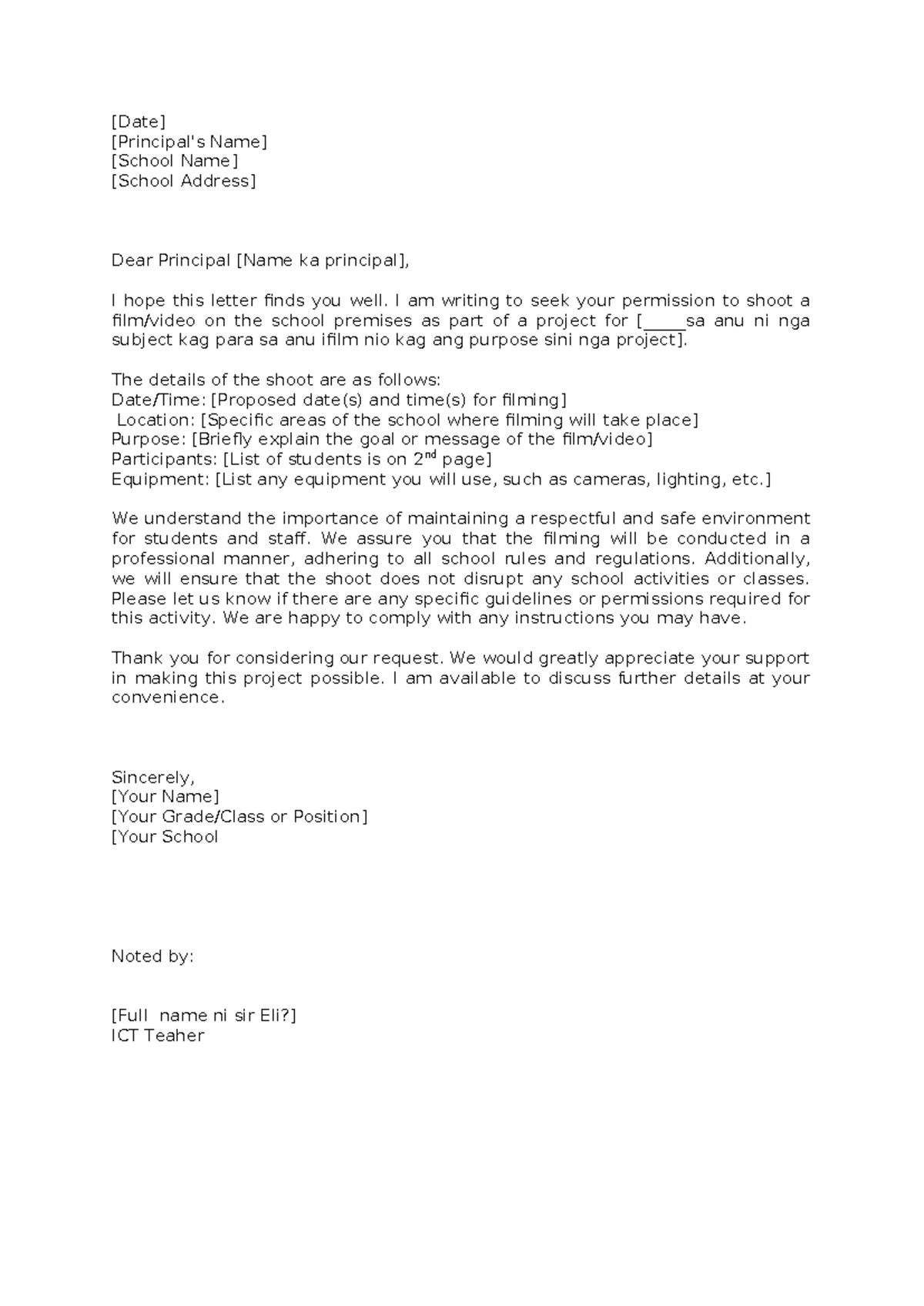 Letter filming - [Date] [Principal's Name] [School Name] [School ...