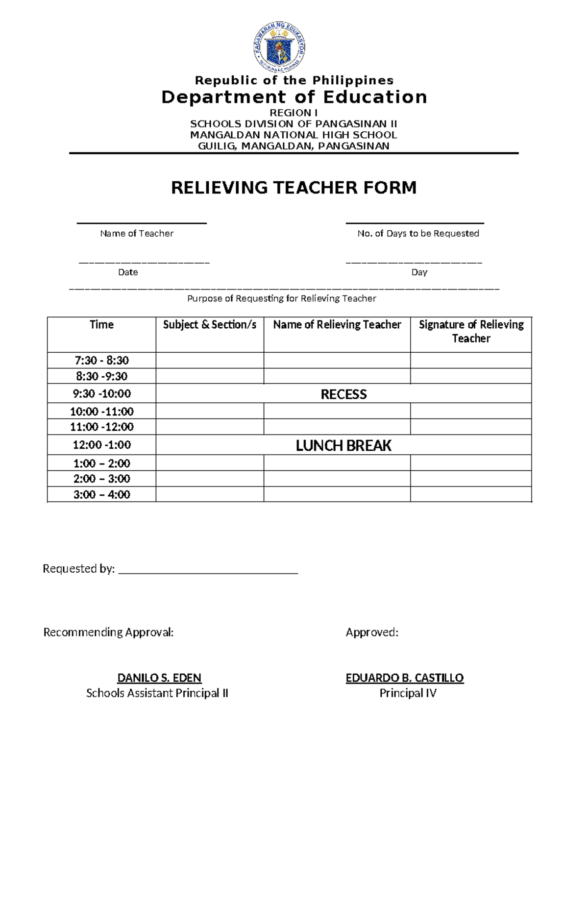 Relieving Form - aehtt - Republic of the Philippines Department of ...