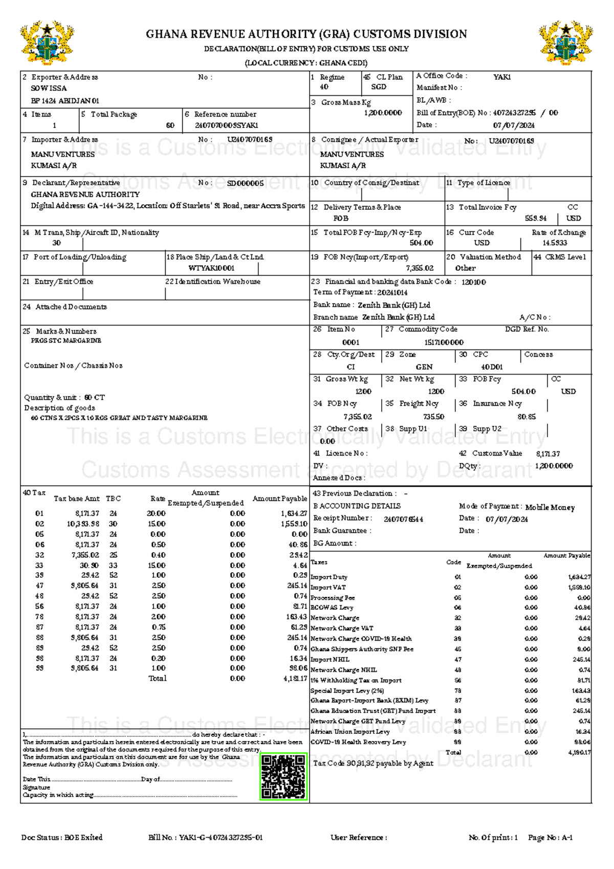 BOE 40724327295 - RRTTTT - This is a Customs Electronically Validated ...