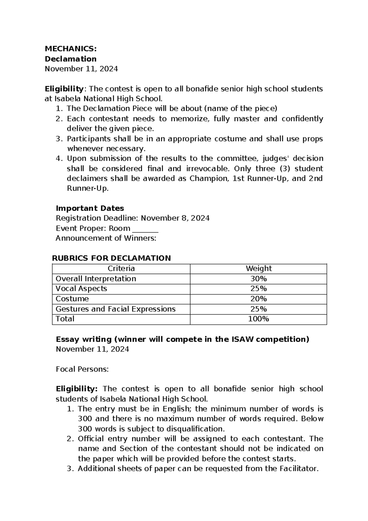 Mechanics for English Month Celebration: Declamation, Essay, & More ...