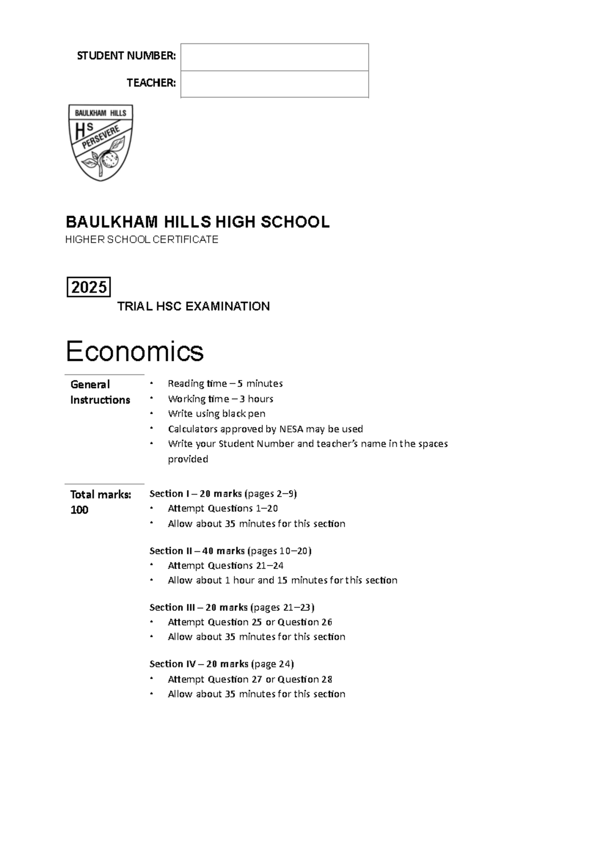 2025 HSC Trial Exam Economics - Baulkham Hills High School - Studocu