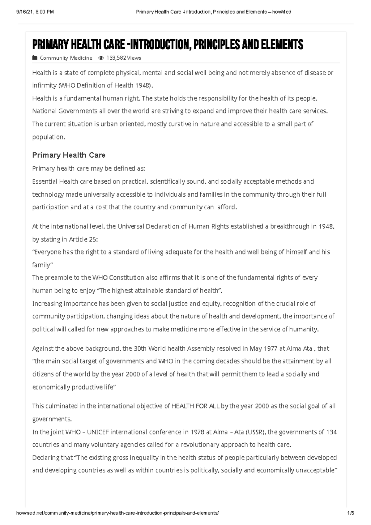 Primary Health Care -Introduction, Principles and Elements – how Med ...