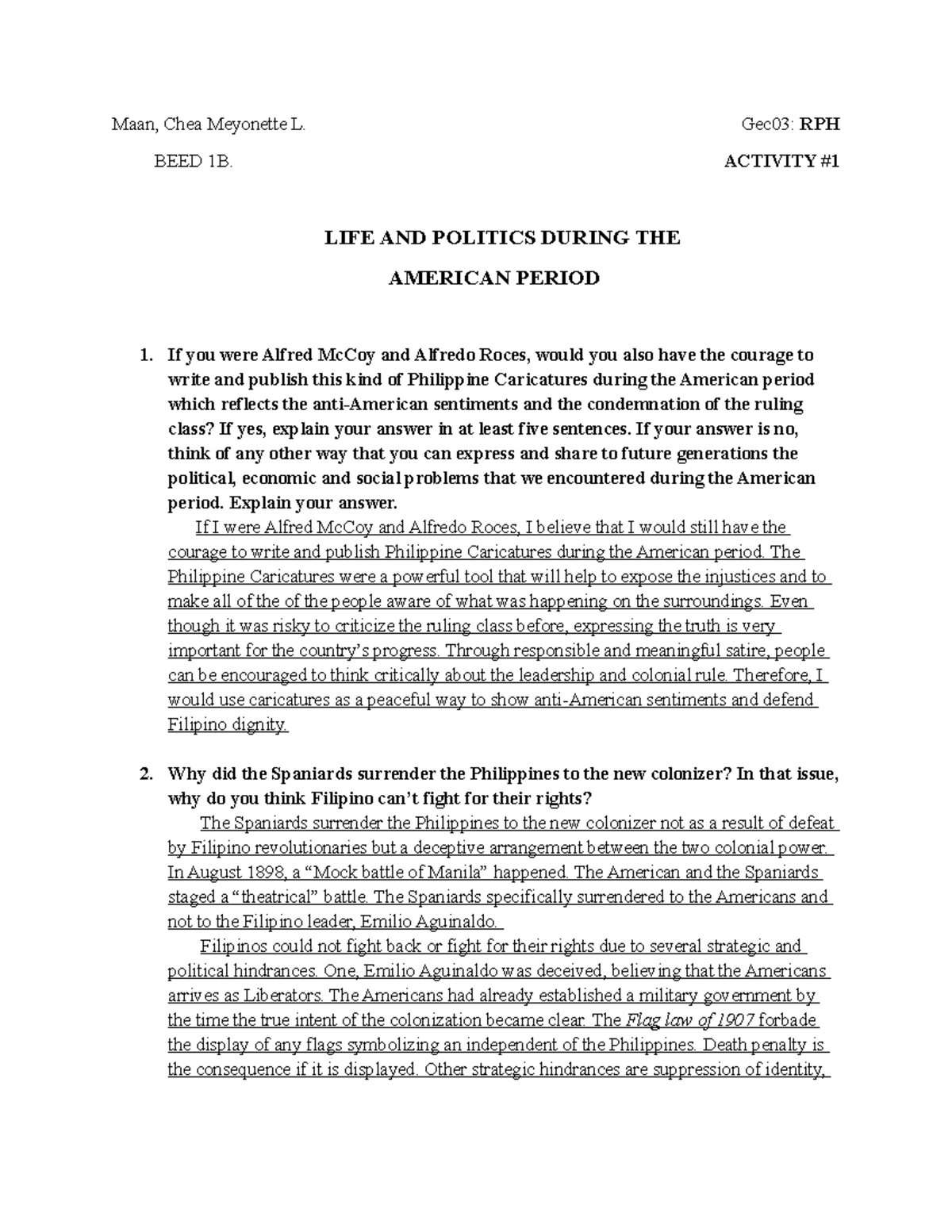 GEC03: RPH BEED 1B - Activity on Life & Politics in the American Period ...