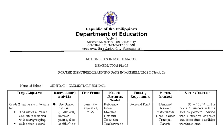 Remediation Action PLAN 2025 2026%20 - Republic of the Philippines Department of Education ...