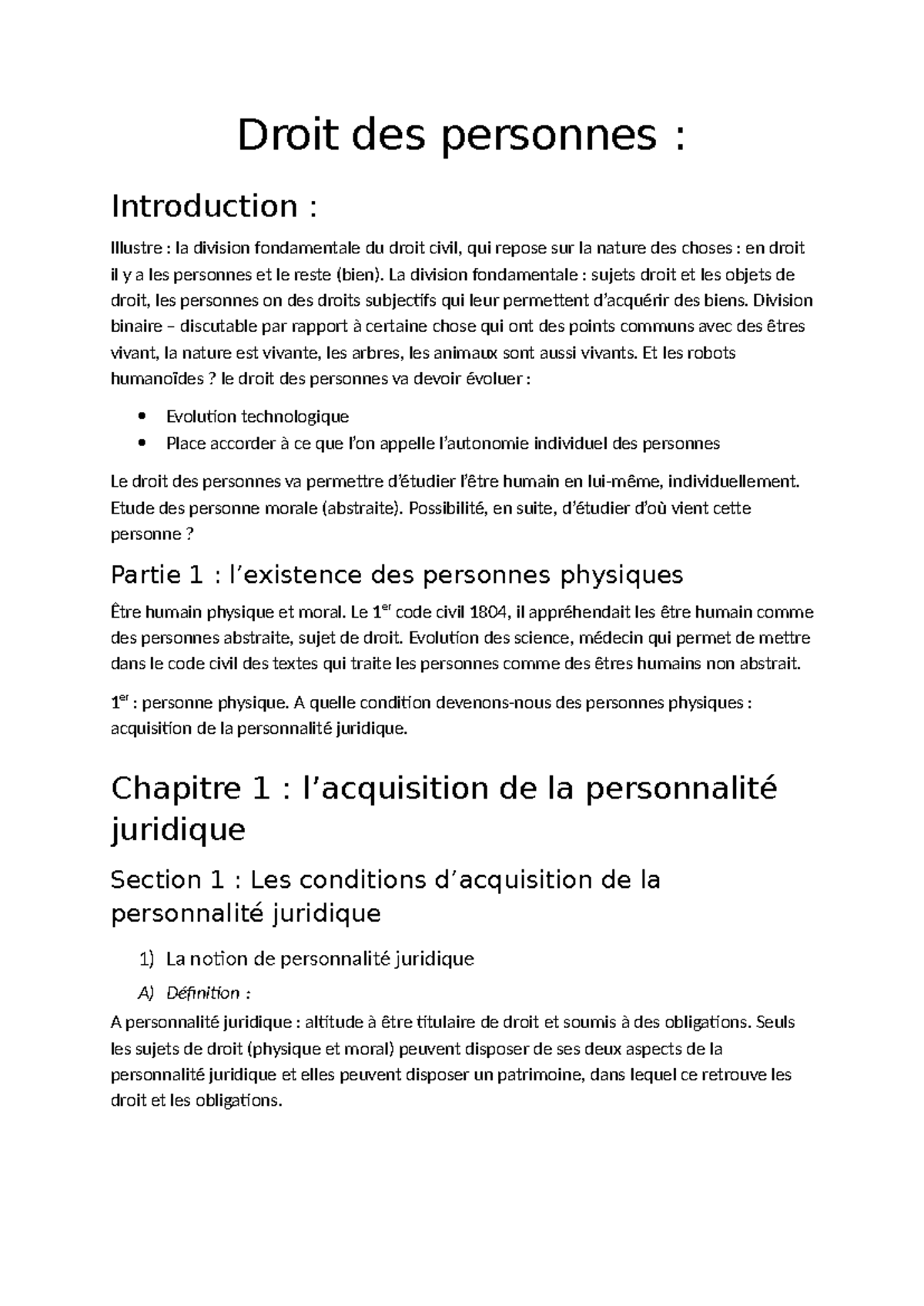 Droit des personnes : Introduction au Chapitre 1 sur la Personnalité Juridique - Studocu
