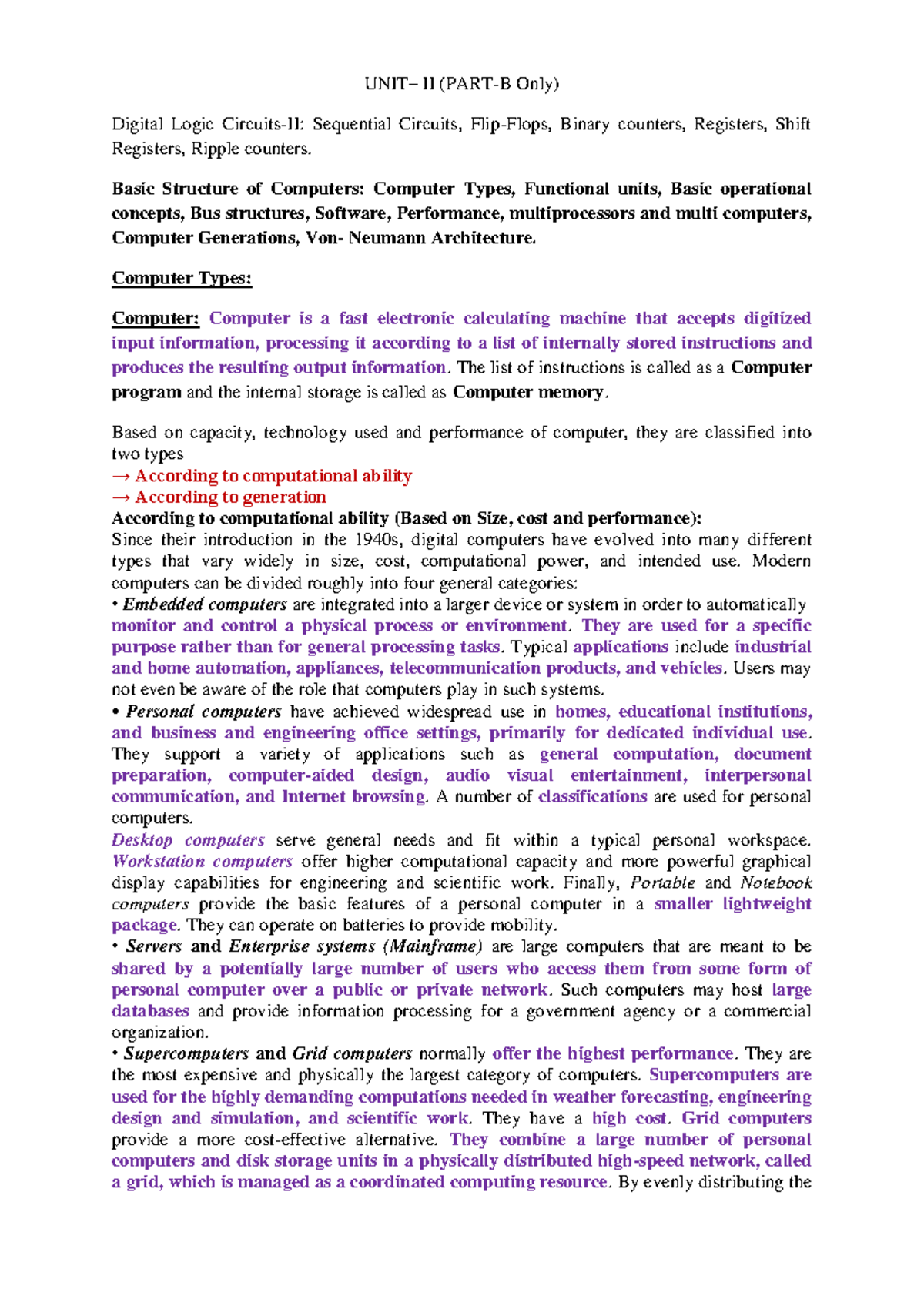 DL & CO Unit-2: Digital Logic, Computer Types, and Generations - Studocu