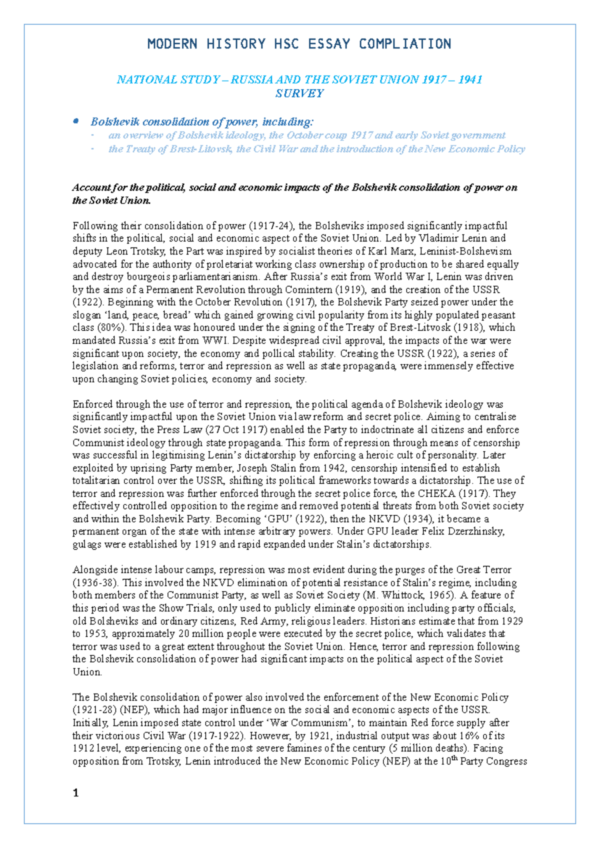 Modern history essay compilation - NATIONAL STUDY – RUSSIA AND THE ...