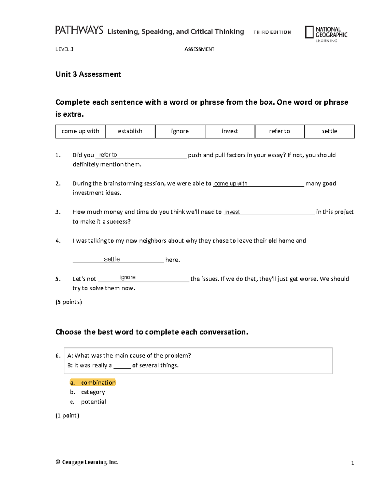 LEVEL 3 ASSESSMENT Unit 3: Vocabulary and Listening Exercises - Studocu