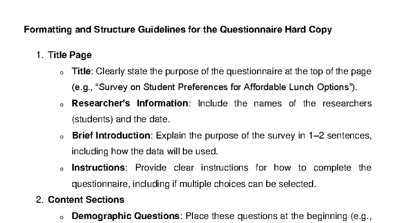 Formatting Guidelines for Questionnaire Hard Copy (QST 101) - Studocu