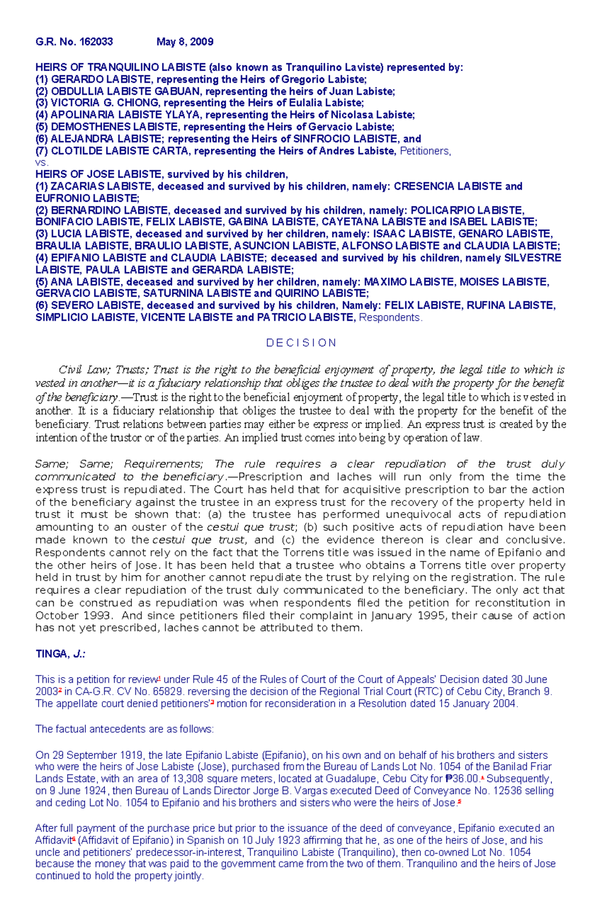 G.R. No. 162033: Heirs of Tranquilino Labiste vs. Heirs of Jose Labiste ...