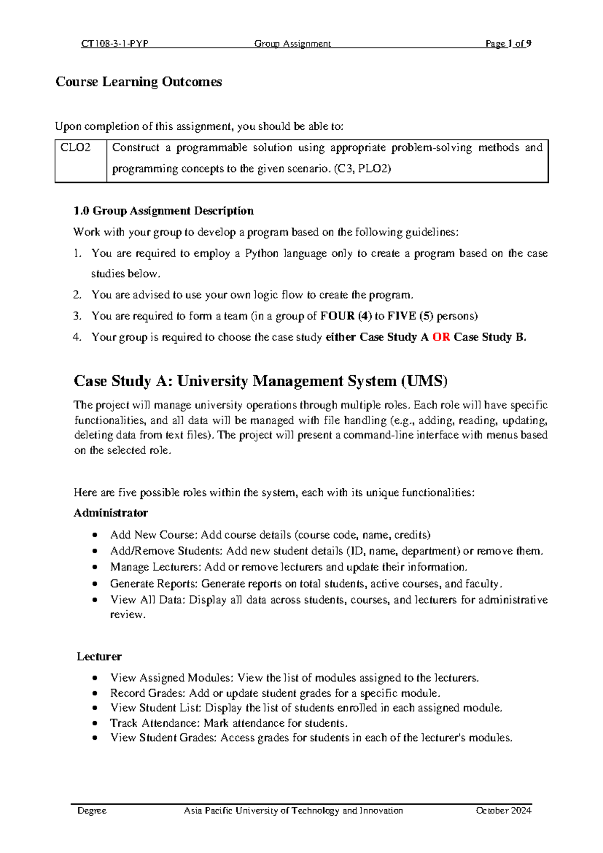 Group Assignment: Python Program Development for UMS or HMS (CLO2 ...