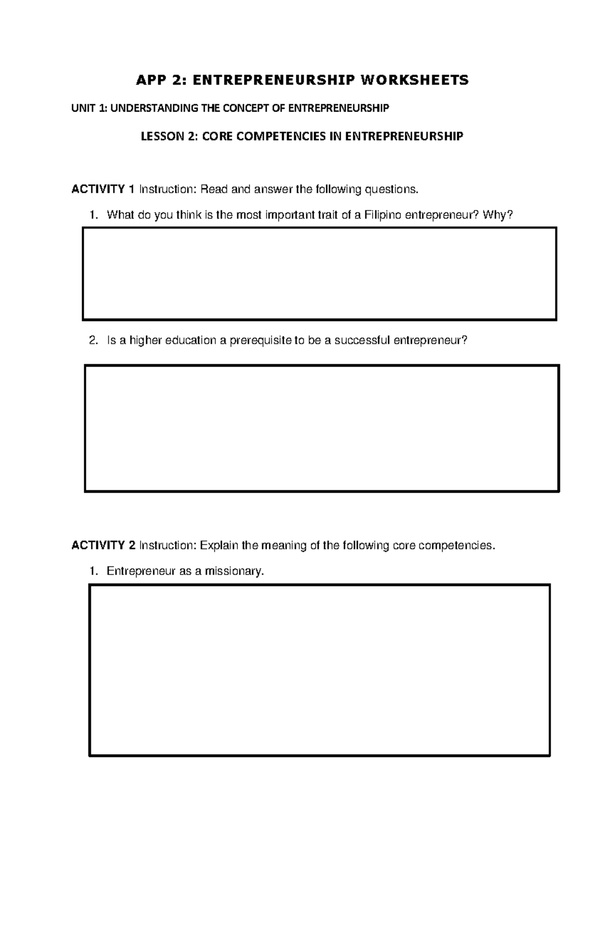 APP 2: Entrepreneurship Worksheets - Unit 1 & 2 Activities and Insights ...