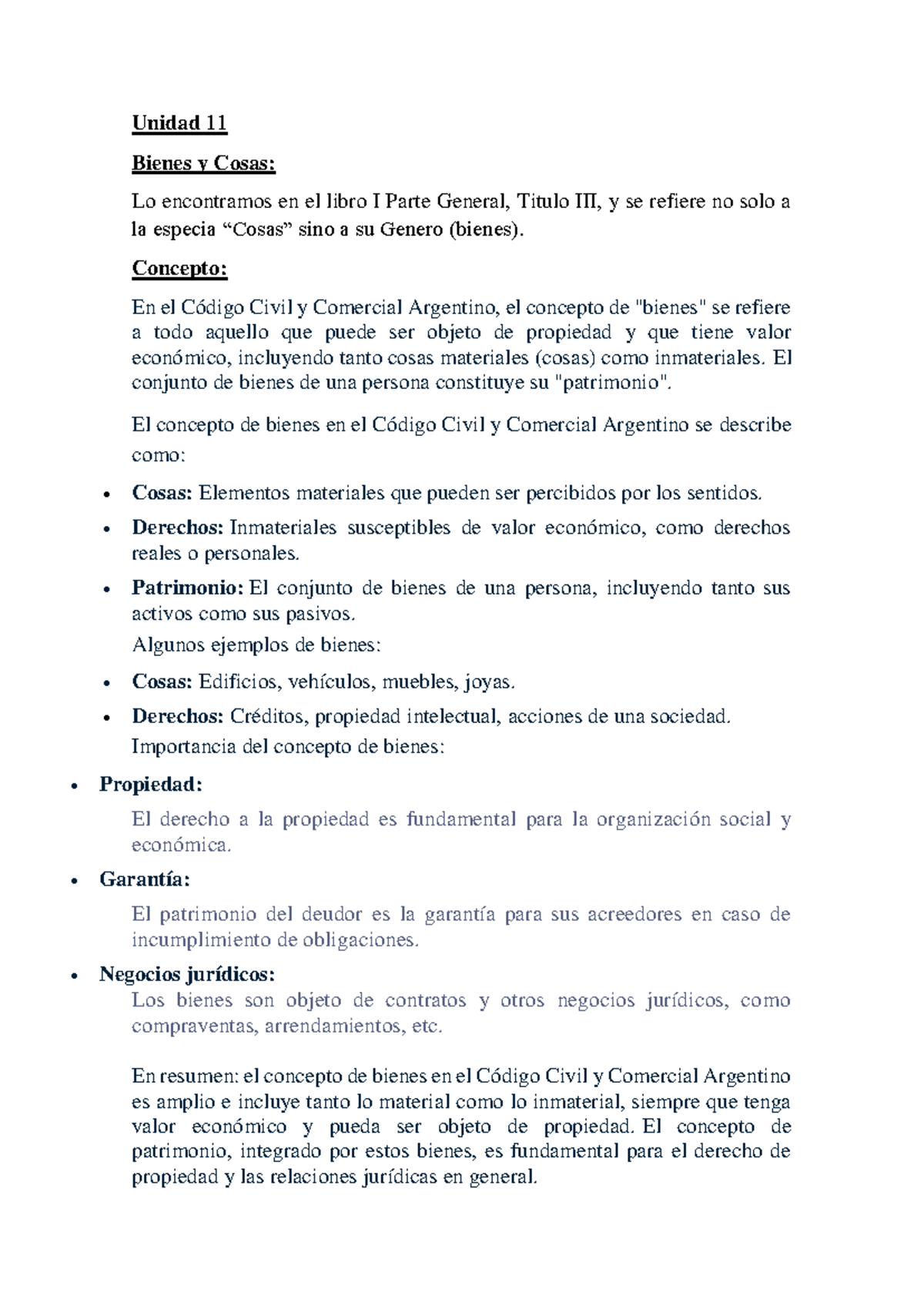 Unidad 11: Bienes y Cosas en el Código Civil Argentino (CCyC) - Studocu