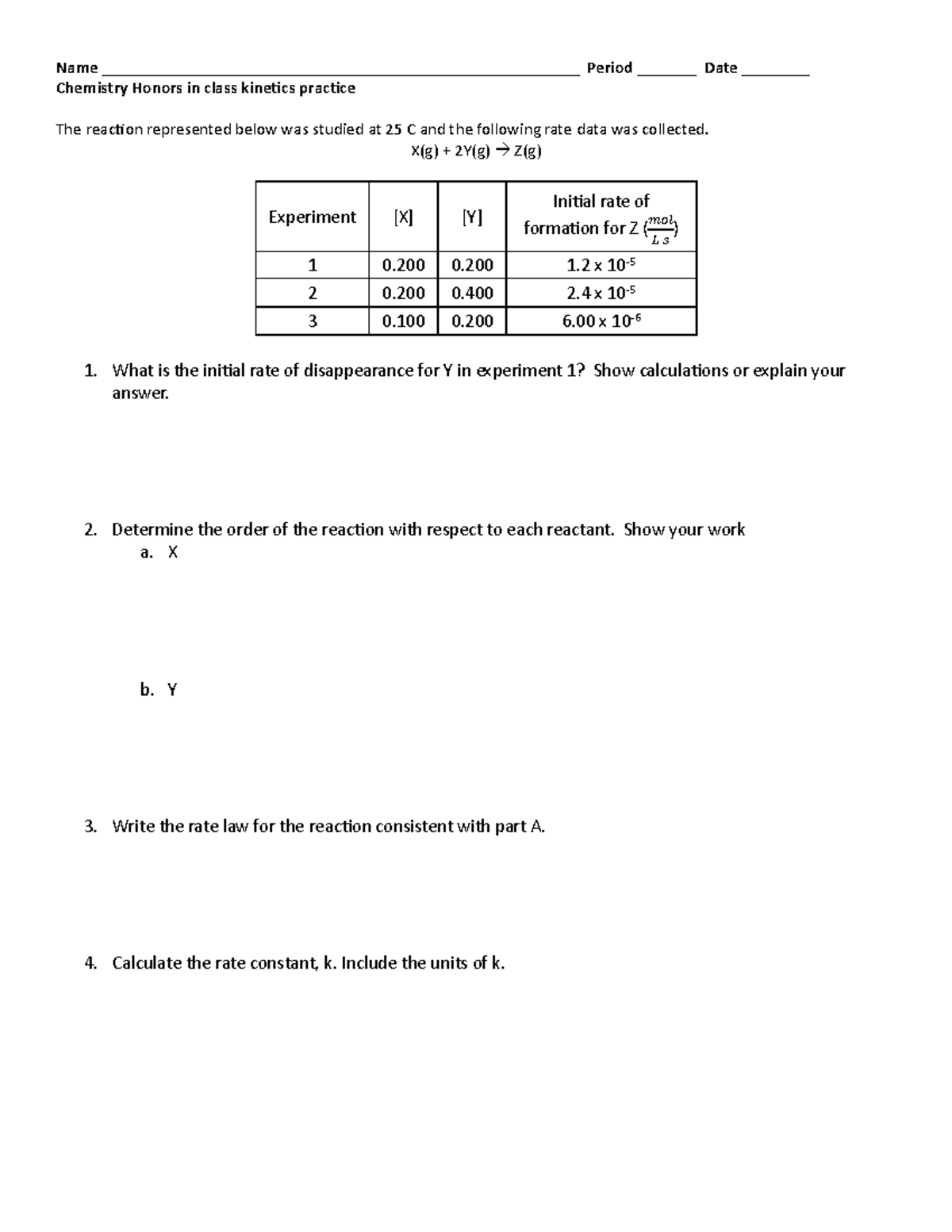 Chemistry Honors Kinetics Practice Worksheet - Studocu
