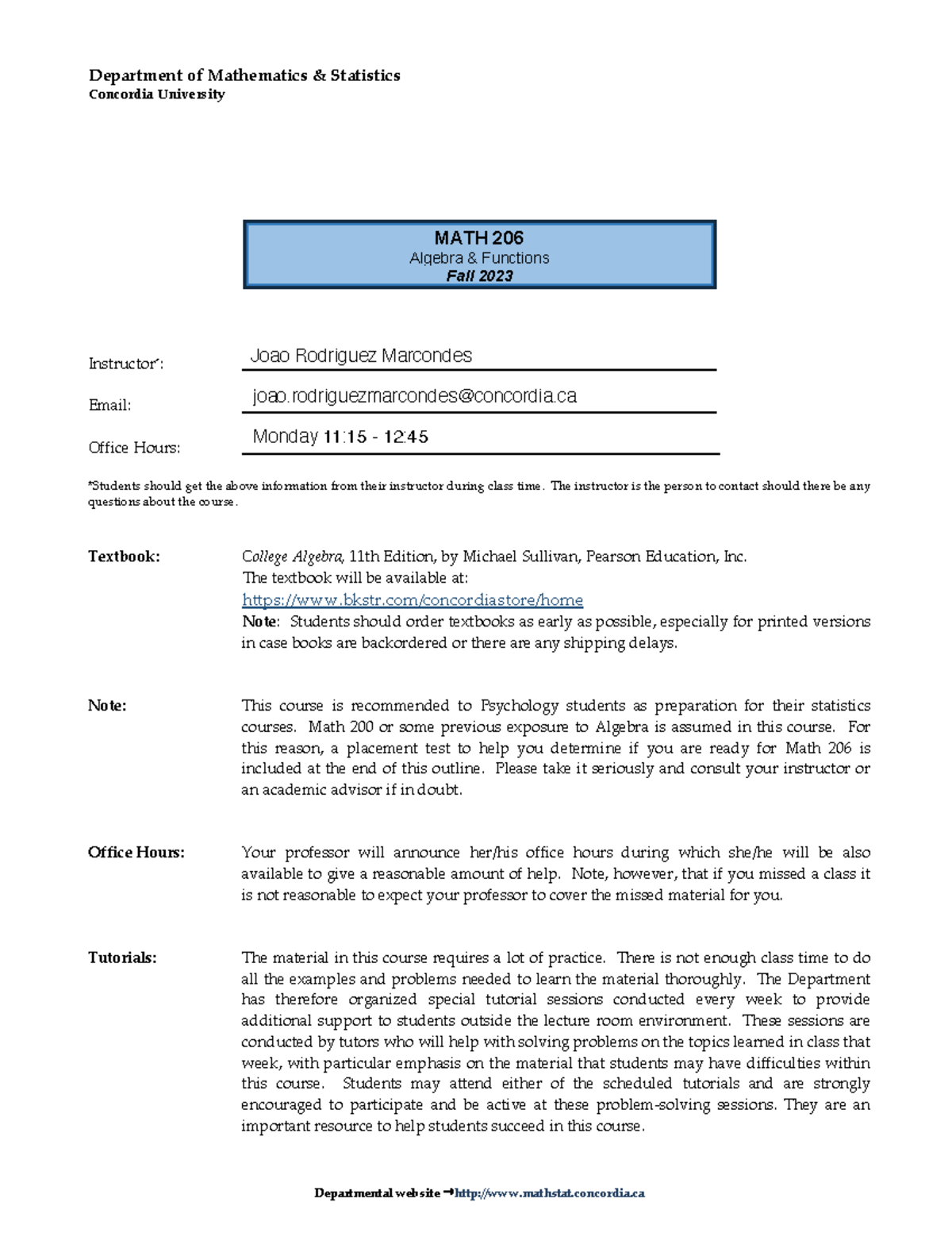 MATH 206 Course Outline & Important Information for Fall 2023 - Studocu